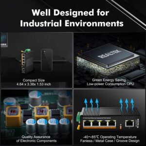 MokerLink 5 Port PoE Industrial DIN-Rail Network Switch, 60W IEEE802.3af/at PoE Power, 10/100Mbps Fast Ethernet, IP40 Rated Network Switch (-40 to 185°F), with UL Power Supply