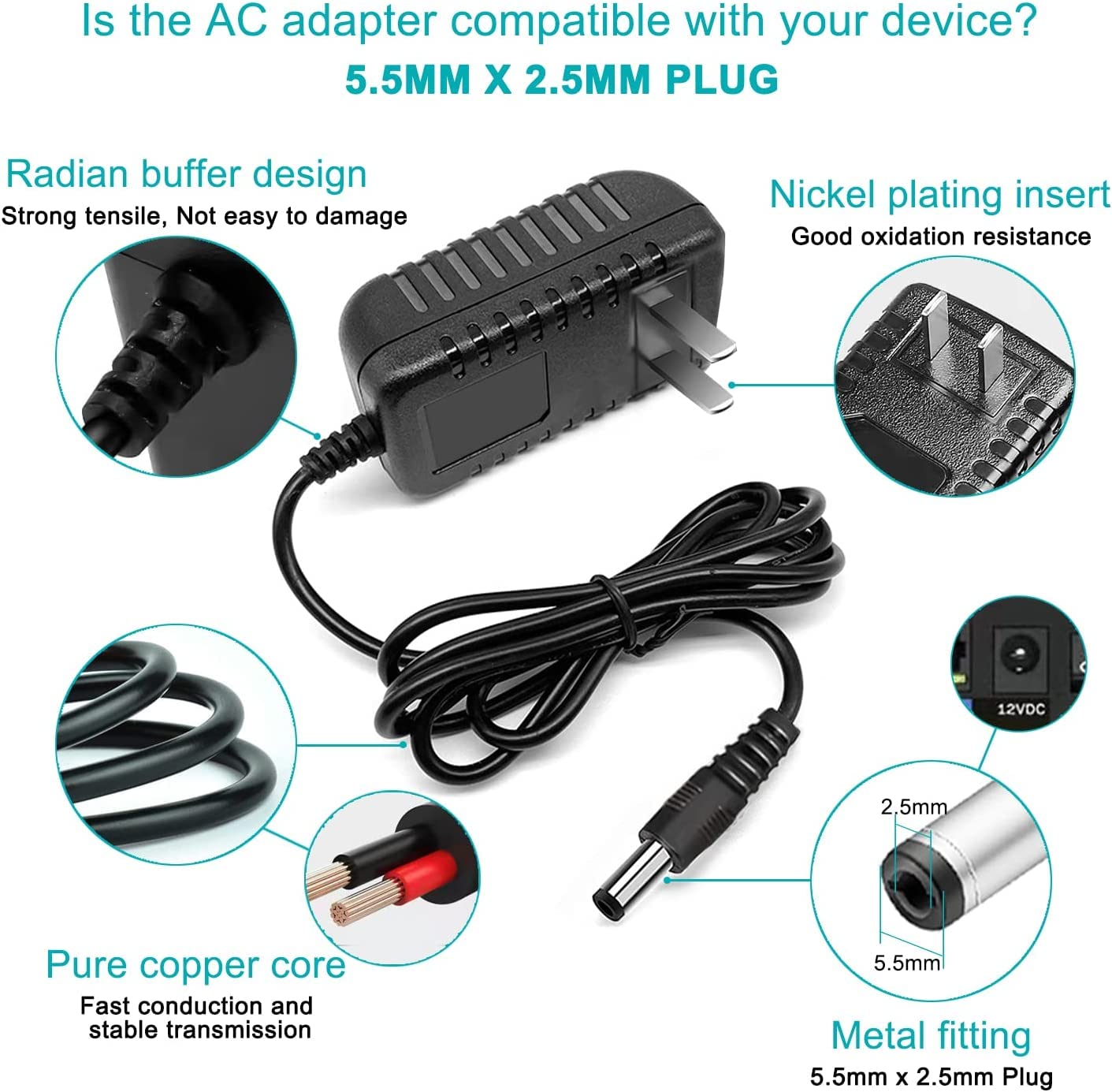 12V DC Adapter Power Cord fit for Theragun Liv, ONN 16” 20" 30" 37" ONN Sound Bar Speaker, ONB18SB001, Onn 22" 100002487 24" ONA18HO015 100002480 Monitor Charger Replacement