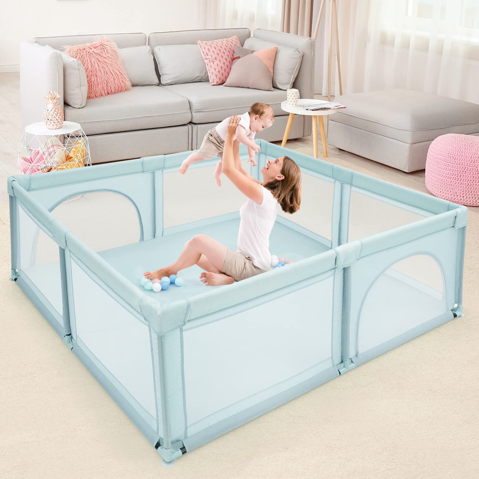 HONEY JOY Baby Playpen, Extra Large Baby Gate Playpen w/ 50 Ocean Balls, No Gaps Infant Safety Gates with Breathable Mesh & Zippered Door, Indoor Play Yards for Toddlers (Rectangle, Blue)