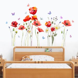 Red Poppy Flowers Wall Decals Daisy Floral Butterfly Wall Stickers DIY Removable Green Leaf Plant Flower Wall Art Decor for Kids Girls Bedroom Living Room Nursery Playroom Decoration DT-MS091