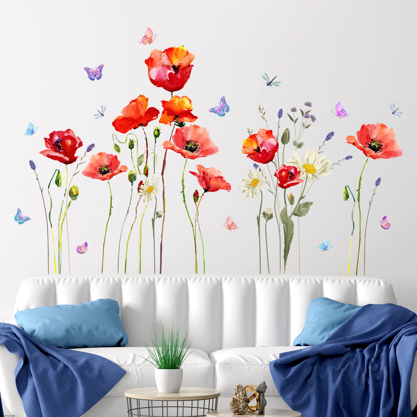 Red Poppy Flowers Wall Decals Daisy Floral Butterfly Wall Stickers DIY Removable Green Leaf Plant Flower Wall Art Decor for Kids Girls Bedroom Living Room Nursery Playroom Decoration DT-MS091