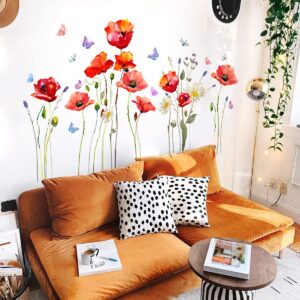 Red Poppy Flowers Wall Decals Daisy Floral Butterfly Wall Stickers DIY Removable Green Leaf Plant Flower Wall Art Decor for Kids Girls Bedroom Living Room Nursery Playroom Decoration DT-MS091