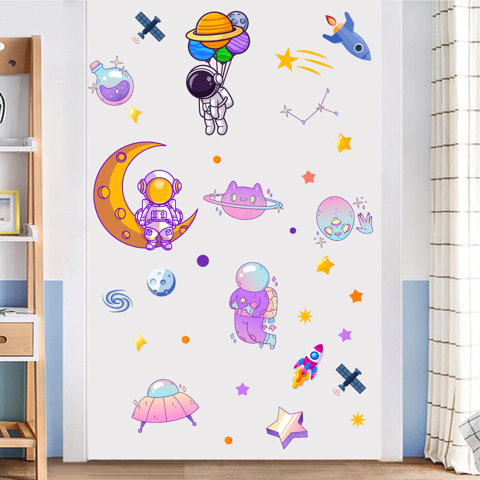 Astronaut Wall Stickers,Outer Space Stars Wall Decals, DIY Removable Large Wall Art Decoration,Peel and Stick, for Kids Baby Boys Girls Playroom Bedroom Decor