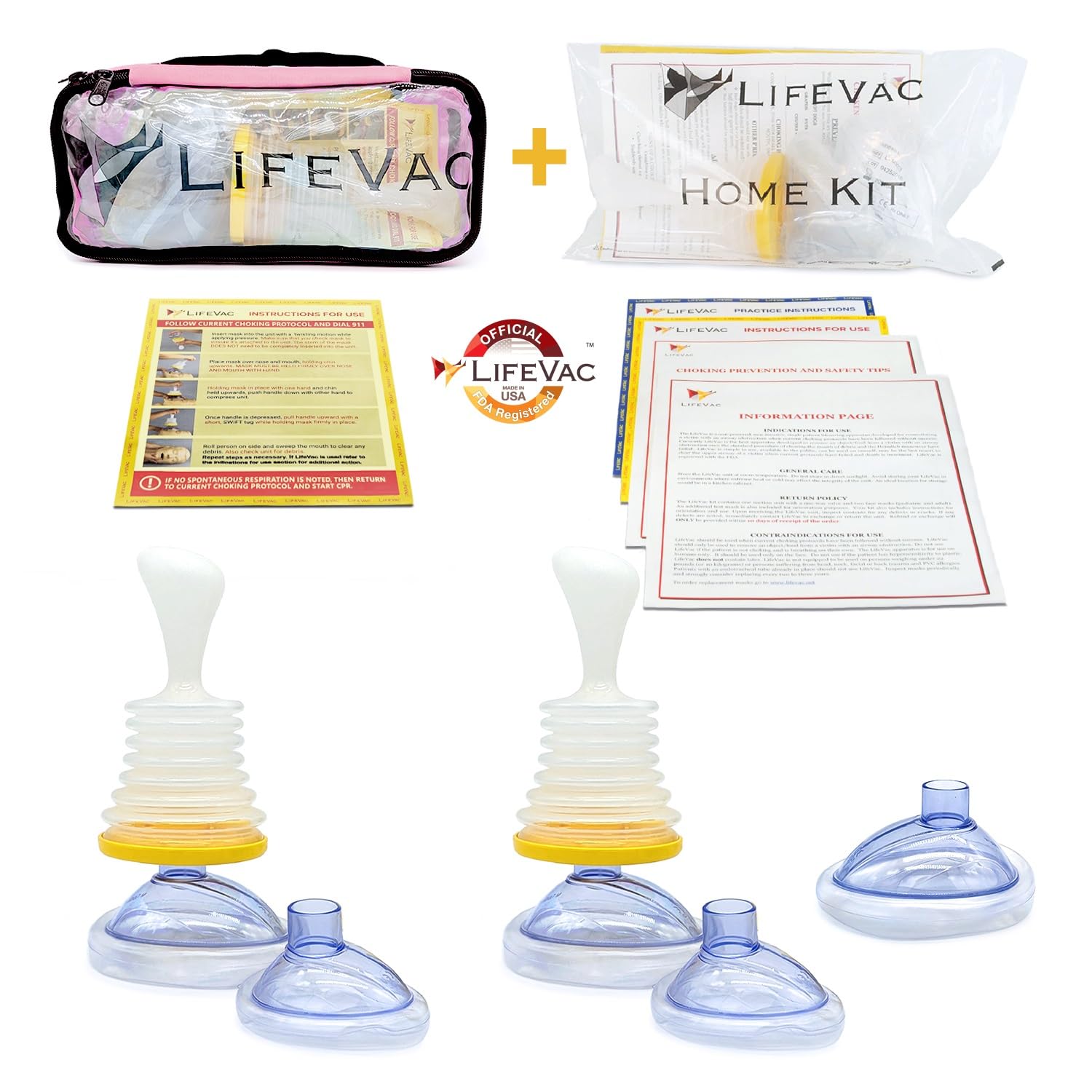 LifeVac Home & Pink Travel Kit Combo - Portable Suction Rescue Device, First Aid Kit for Kids and Adults, Portable Airway Suction Device for Children and Adults