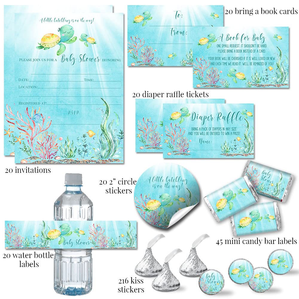 Little Hatchling Cute Sea Turtle Sea Life Baby Shower Party Bundle Includes 20 each of Invitations with Envelopes + 4 Different Sizes of Decorative Stickers, Diaper Tickets & Bring a Book Cards