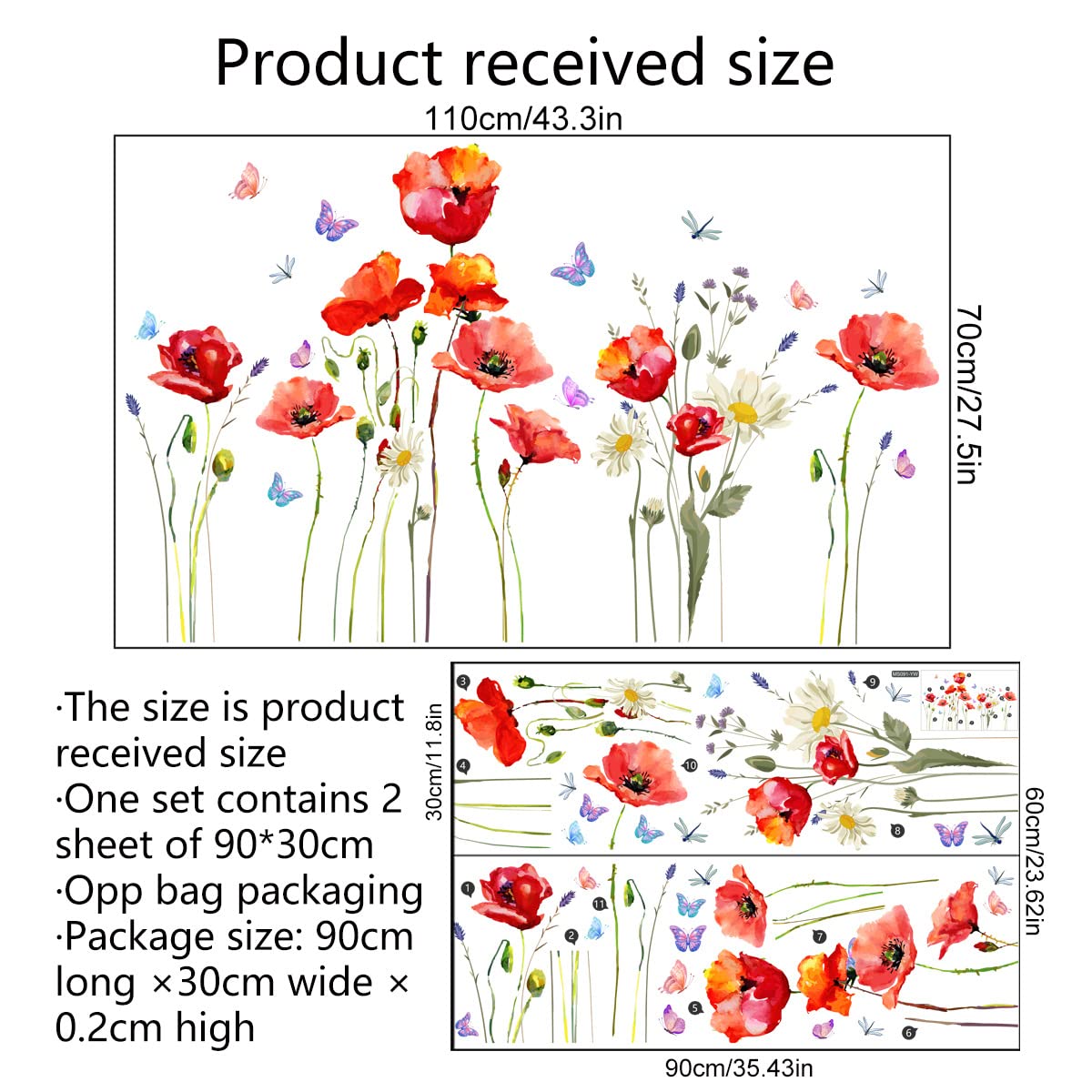 Red Poppy Flowers Wall Decals Daisy Floral Butterfly Wall Stickers DIY Removable Green Leaf Plant Flower Wall Art Decor for Kids Girls Bedroom Living Room Nursery Playroom Decoration DT-MS091