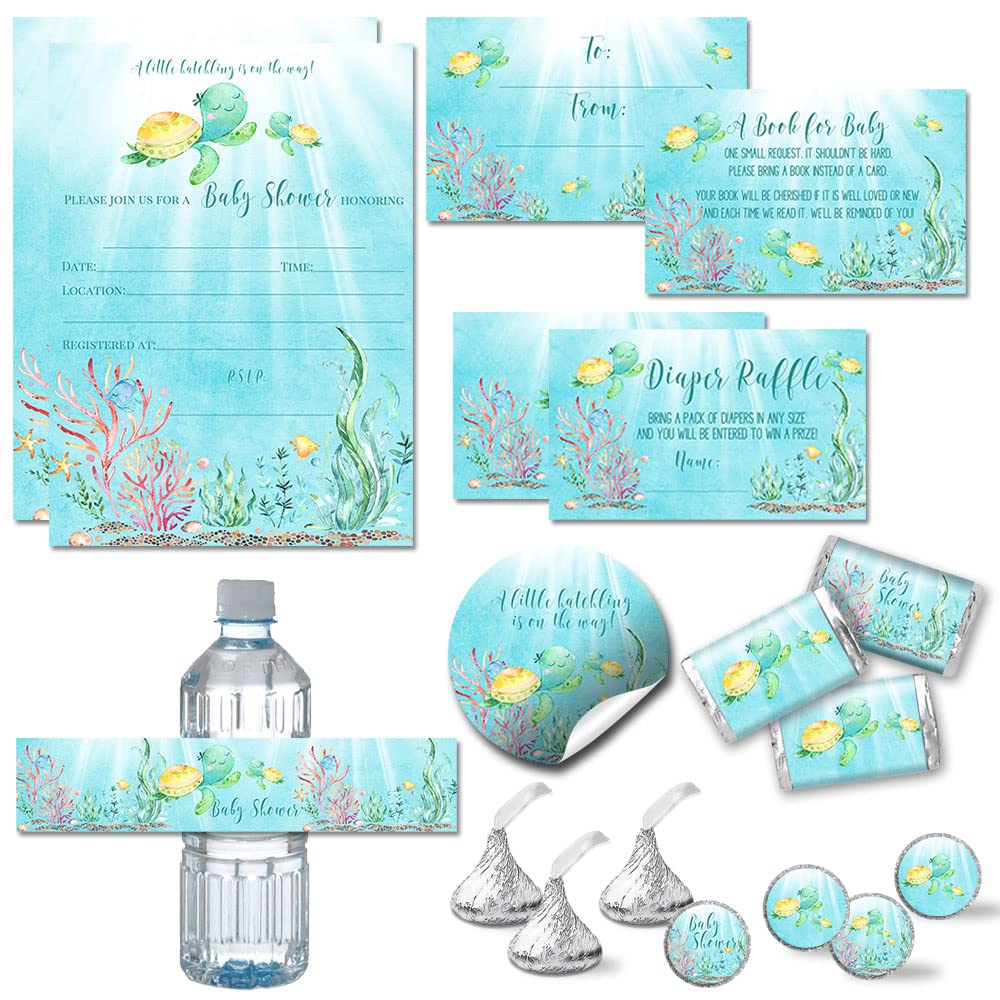 Little Hatchling Cute Sea Turtle Sea Life Baby Shower Party Bundle Includes 20 each of Invitations with Envelopes + 4 Different Sizes of Decorative Stickers, Diaper Tickets & Bring a Book Cards