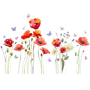 Red Poppy Flowers Wall Decals Daisy Floral Butterfly Wall Stickers DIY Removable Green Leaf Plant Flower Wall Art Decor for Kids Girls Bedroom Living Room Nursery Playroom Decoration DT-MS091