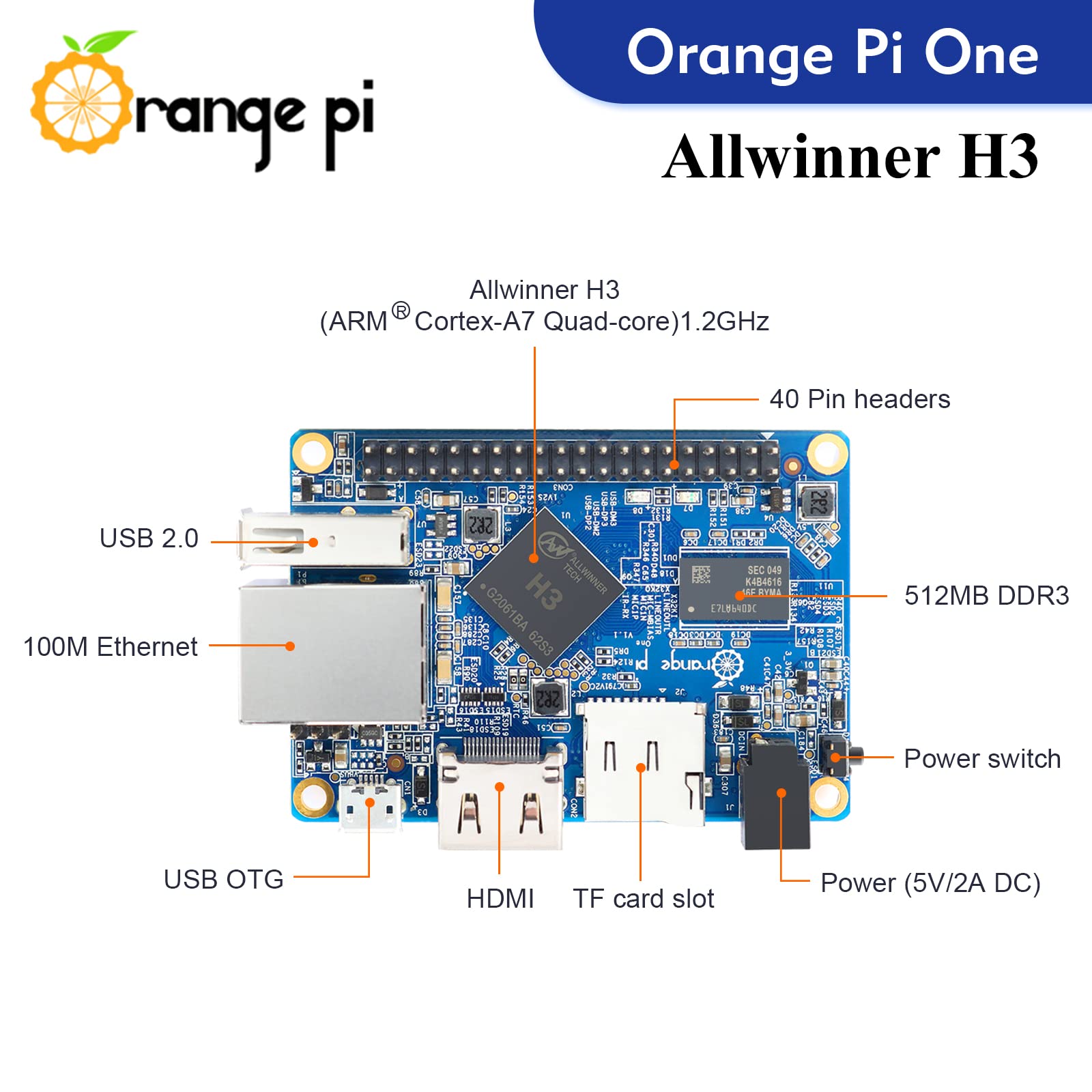 Orange Pi One Single Board Computer 1GB DDR3 AllWinner H3 Quad Core Run Android Ubuntu Debian (One(1GB)+Case+Power Supply)