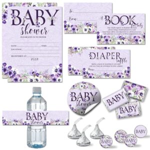 amanda creation watercolor violet floral baby shower party bundle includes 20 each of invitations with envelopes + 4 different sizes of decorative stickers, diaper tickets & bring a book cards