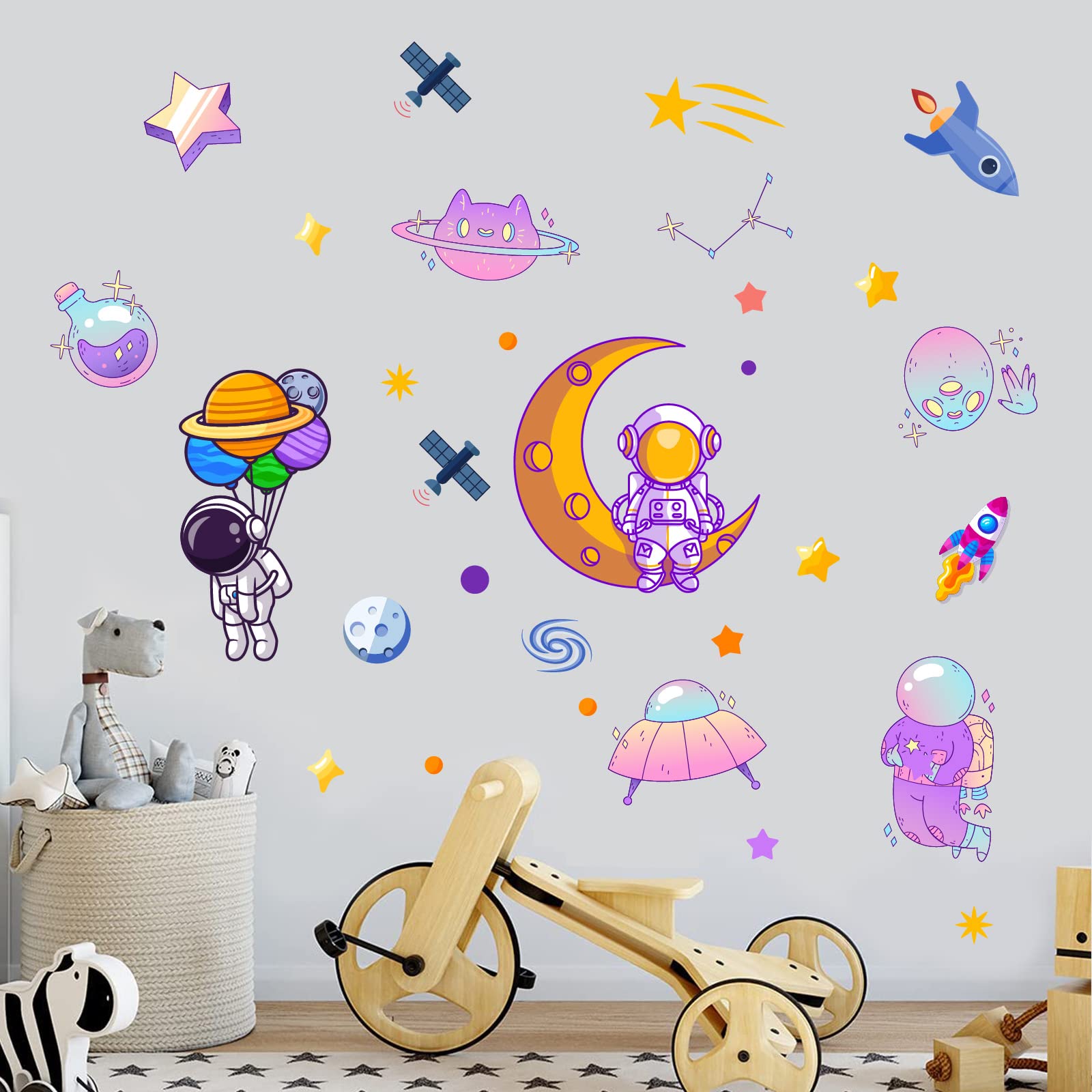 Astronaut Wall Stickers,Outer Space Stars Wall Decals, DIY Removable Large Wall Art Decoration,Peel and Stick, for Kids Baby Boys Girls Playroom Bedroom Decor