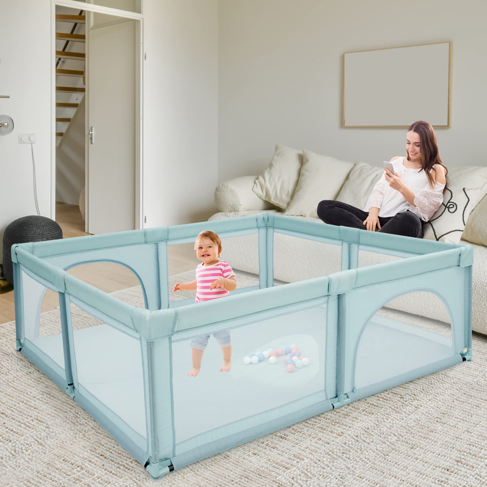 HONEY JOY Baby Playpen, Extra Large Baby Gate Playpen w/ 50 Ocean Balls, No Gaps Infant Safety Gates with Breathable Mesh & Zippered Door, Indoor Play Yards for Toddlers (Rectangle, Blue)