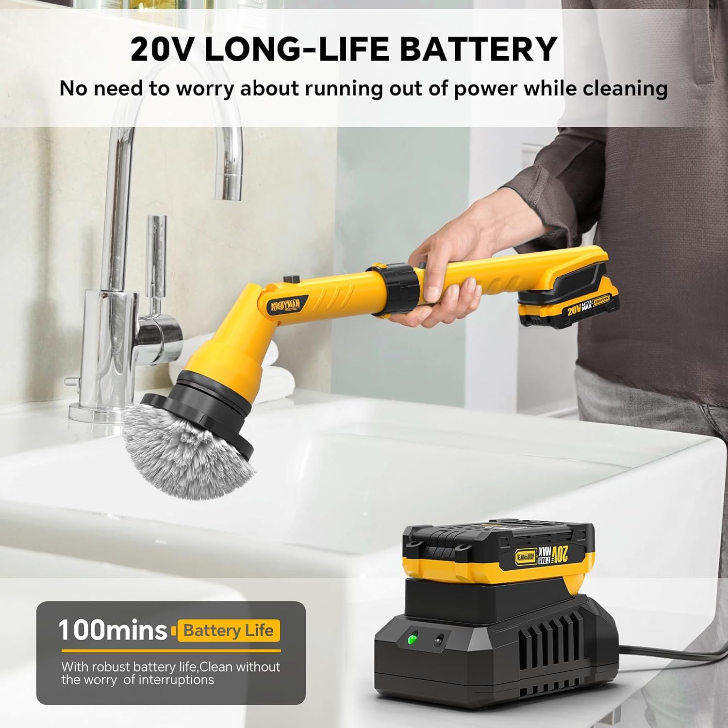 1000RPM Electric Spin Scrubber, 20V Cordless Cleaning Brush with Adjustable Extension Arm, 4 Replaceable Cleaning Heads, Hook and Gloves, 1 Hour Fast Charge, Waterproof - for Bathroom/Tub/Tile/Floor