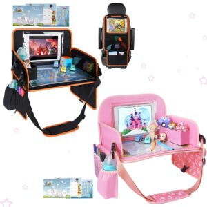 menzoke black & pink kids travel tray bundle, toddler tray with dry erase board car lap desk table with ipad holder, storage pocket, kids active eating tray for road trip, airplane