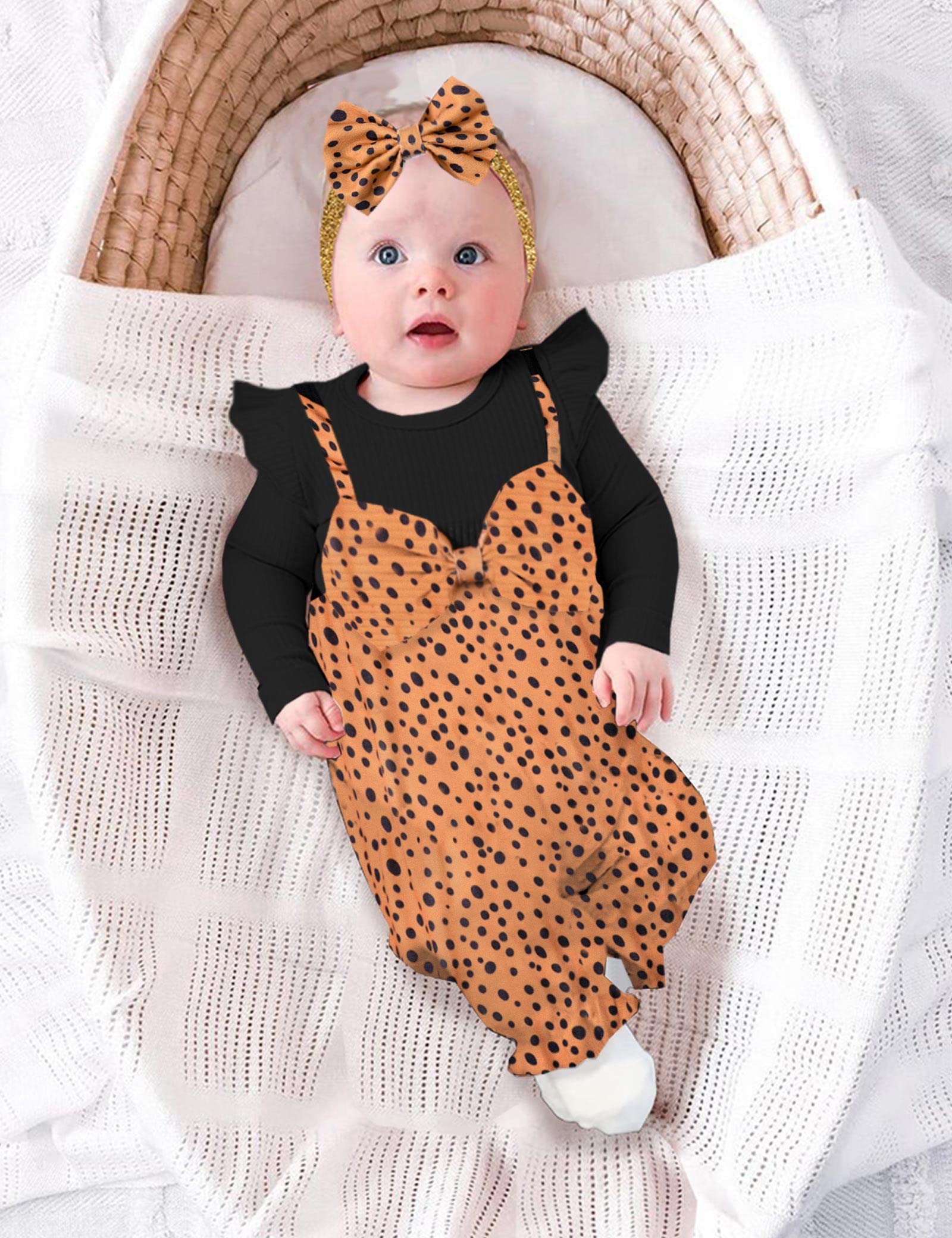 Queenstyle Baby Girl Clothes 3-6 Months Onesie Baby Girl Outfits Long Sleeve Ruffle Romper Cute Infant Girl Clothes Polka Dot Jumpsuit Fall Winter Baby Clothes for Girls