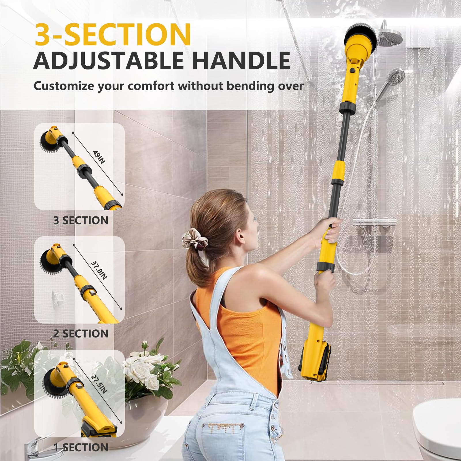 1000RPM Electric Spin Scrubber, 20V Cordless Cleaning Brush with Adjustable Extension Arm, 4 Replaceable Cleaning Heads, Hook and Gloves, 1 Hour Fast Charge, Waterproof - for Bathroom/Tub/Tile/Floor