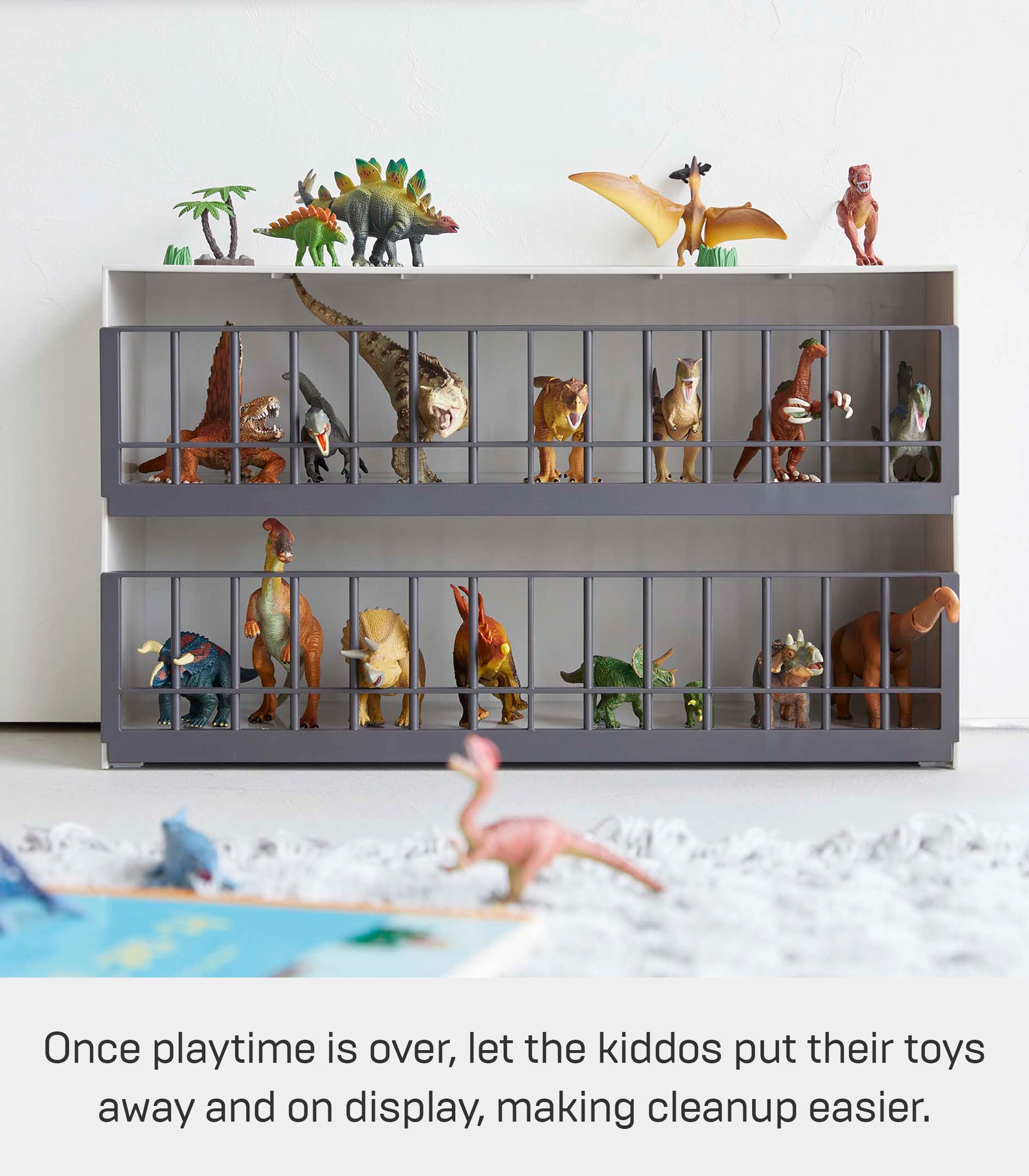 Yamazaki Home Two-Tier Toy Dinosaur and Animal Display Storage Rack, Childrens' Toy Bin Organizer Box, Plastic, Stackable, No Assembly Req.