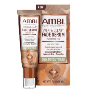 ambi even & clear fade serum, hyperpigmentation treatment, hydroquinone-free, dark spot corrector, results in as little as 4 weeks, retinol, hyaluronic acid, niacinamide, ceramides, 1 fl oz