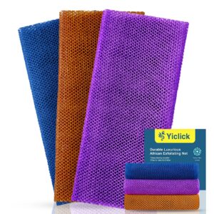 yiclick exfoliating african net sponge - exfoliating body scrubber exfoliator, exfoliating washcloth towel, exfoliate rags wash cloth loofah sponge for body scrub, back scrubber (purple+browm+blue)