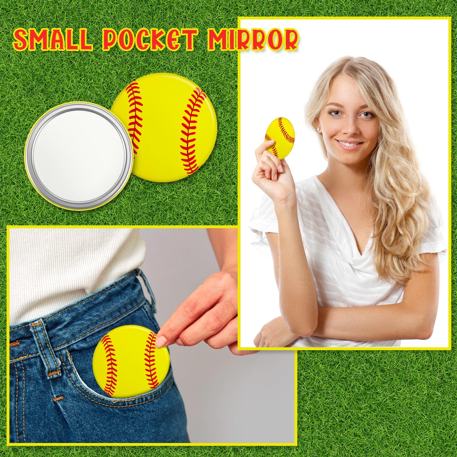 Taiyin 18 Pcs Softball Gifts for Girls Team Softball Compact Mirror Accessories Softball Party Supplies Softball Makeup Mini Mirror 2.76 Inch Sport Round Pocket Portable Mirror for Women (Yellow)