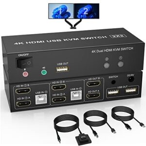 dual monitor kvm switch hdmi 2 port, 4k@60hz extended display kvm switch 2 monitors 2 computers with audio microphone output and 3 usb ports, pc monitor keyboard mouse switcher