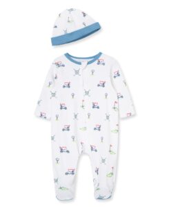 little me baby boy clothes 2-piece baby sleeper and cap set 100% cotton footies with full 2-way zipper and scratch free tags baby essentials - 3 months, golf cart