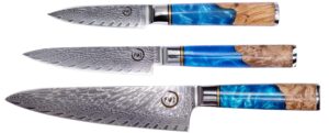 fukep chef knife set, kitchen knife set of 3, damascus vg10 steel, blue handle series