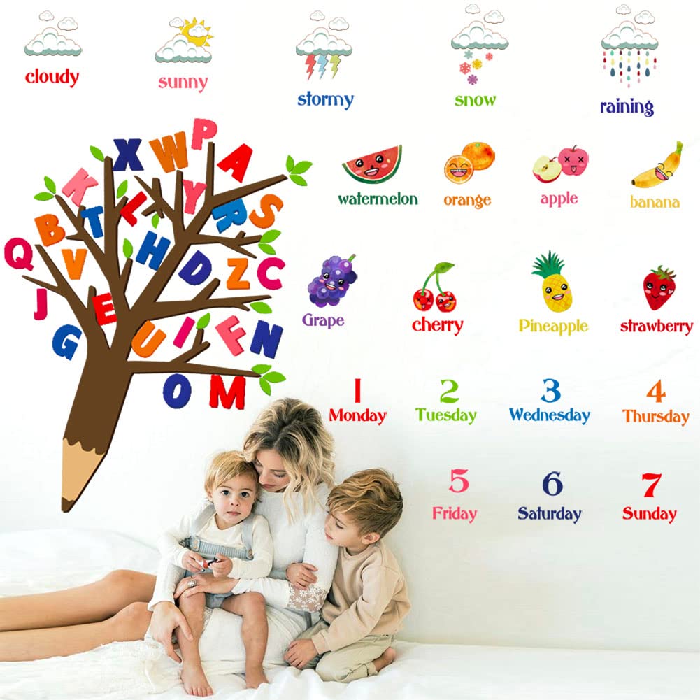 Tree Alphabet Number Color Weather Learning Educational Wall Decals ABC Kids Wall Sticker Peel and Stick Removable Wall Stickers Educational Classroom Stickers for Kids Boy Girl Classroom Playroom