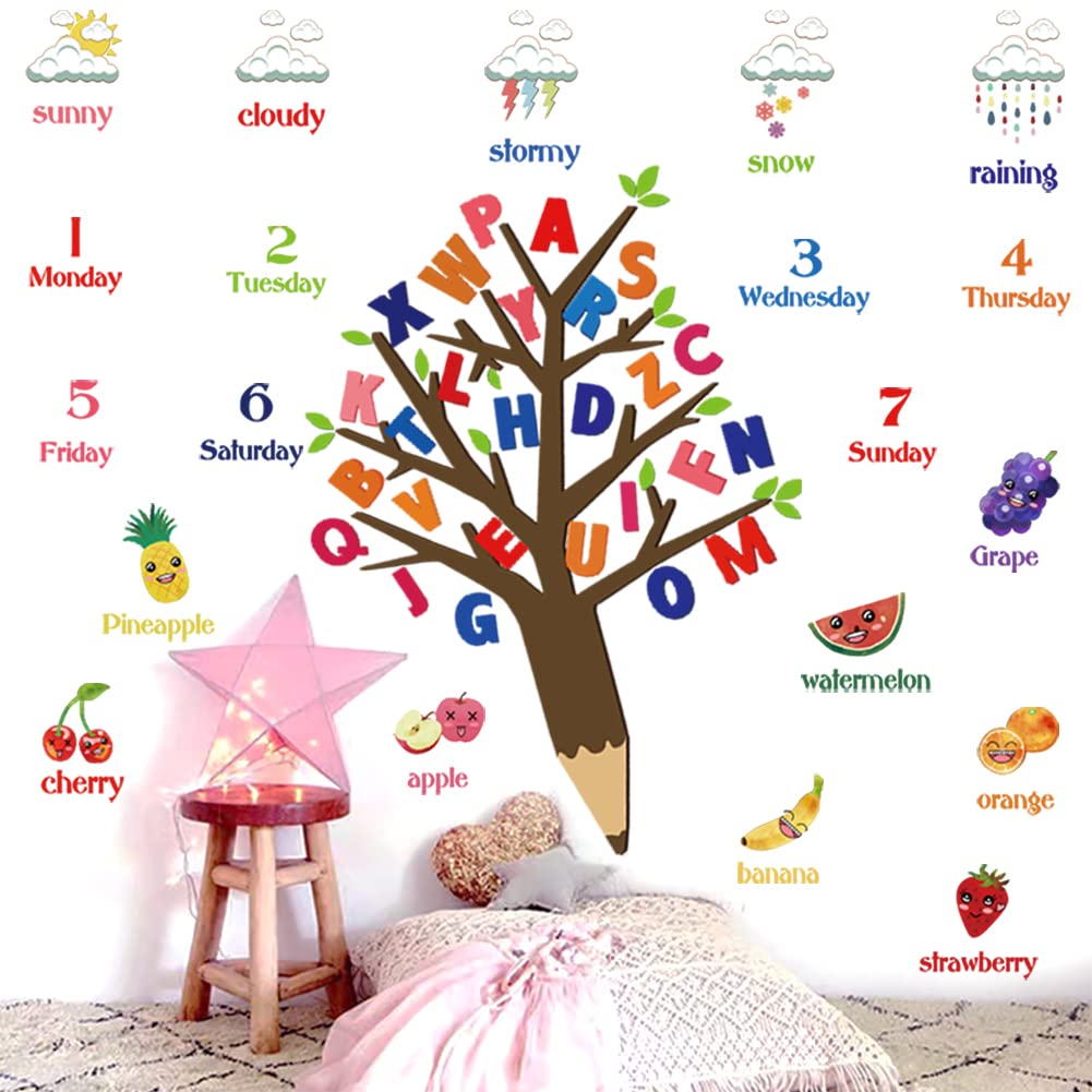 Tree Alphabet Number Color Weather Learning Educational Wall Decals ABC Kids Wall Sticker Peel and Stick Removable Wall Stickers Educational Classroom Stickers for Kids Boy Girl Classroom Playroom