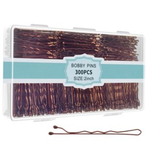 300 pcs bobby pins brown, ewagoa brown hair pins for women girls and kids, invisible curled hair clips with storage box, pain-free hairpins（2 inch brown）