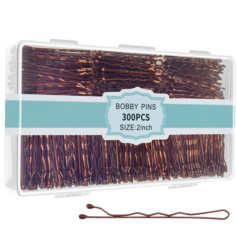 300 Pcs Bobby Pins Brown, EWAGOA Brown Hair Pins for Women Girls and Kids, Invisible curled Hair clips with Storage box, Pain-Free Hairpins（2 Inch Brown）