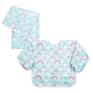 bumkins bibs for girl or boy, long sleeved bib for baby and toddler 6-24 months, essential must have for eating, feeding set, splat mat for floors under high chair, mess saving fabric, rainbows blue