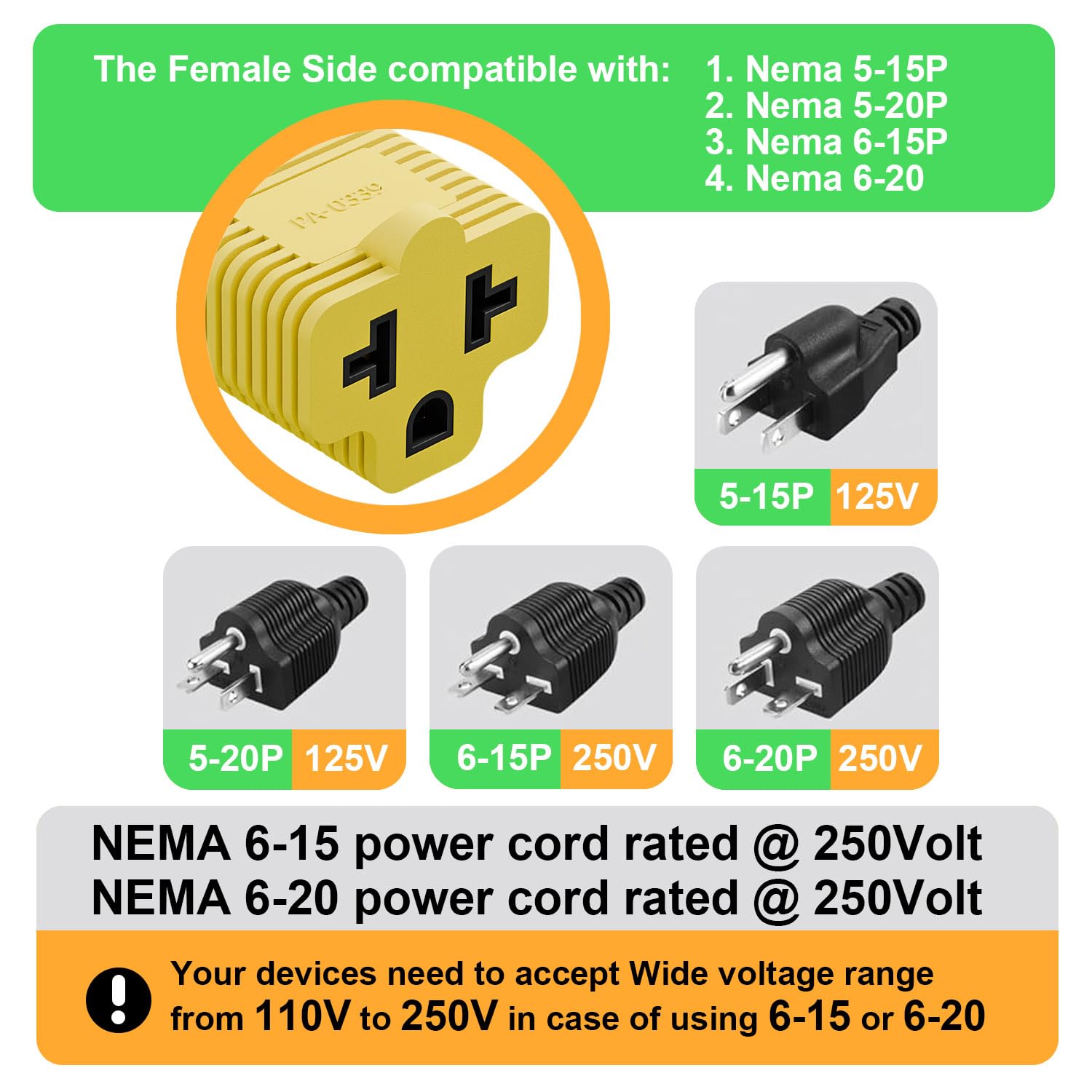 [4-in-1] 15 Amp Household AC Plug to 20 Amp T Blade Adapter,5-15P to 5-20R,5-15P to 6-15R,5-15P to 6-20R, 4 in 1 AC Power Adapter,15A 125V to 20A 250V Adapter (Yellow, 3)