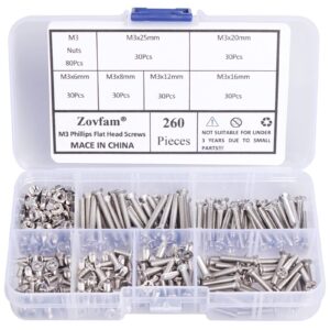 m3 phillips flat head screws countersunk bolts nuts 304 stainless steel nuts and bolts assortment kit m3 x 6mm/ 8mm/ 12mm/ 16mm/ 20mm/ 25mm metric bolt kit 260pcs