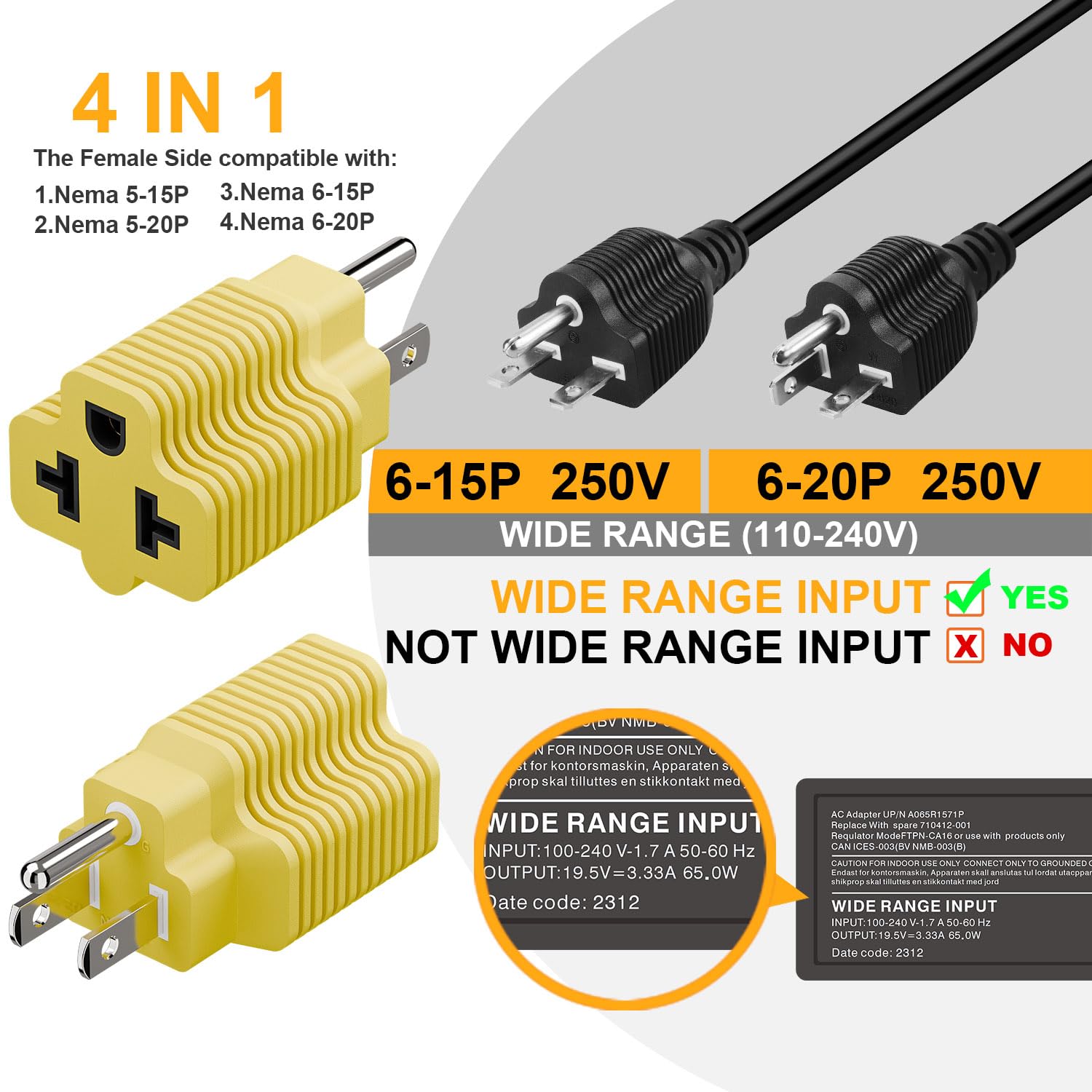 [4-in-1] 15 Amp Household AC Plug to 20 Amp T Blade Adapter,5-15P to 5-20R,5-15P to 6-15R,5-15P to 6-20R, 4 in 1 AC Power Adapter,15A 125V to 20A 250V Adapter (Yellow, 3)