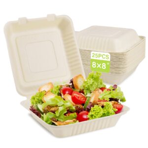 greensight compostable take out food container 8x8, 25 pack disposable clamshell food containers, heavy duty to go boxes, eco-friendly biodegradable made from sugarcane fibers