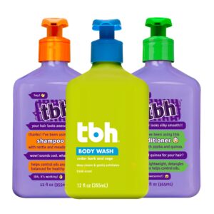 tbh teen and kids shampoo, conditioner, and body wash - shampoo and conditioner for oily hair, gentle exfoliating body wash - sulfate, paraben free - 12 oz (3 pack)