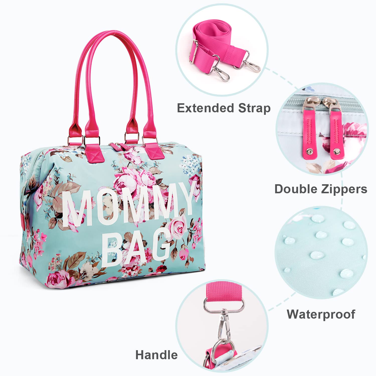 LitBear Mommy Hospital Bag for Labor and Delivery, Large Capacity Waterproof Multifunction Overnight Bag for Women, Mom Bag with Straps (Blue Floral)