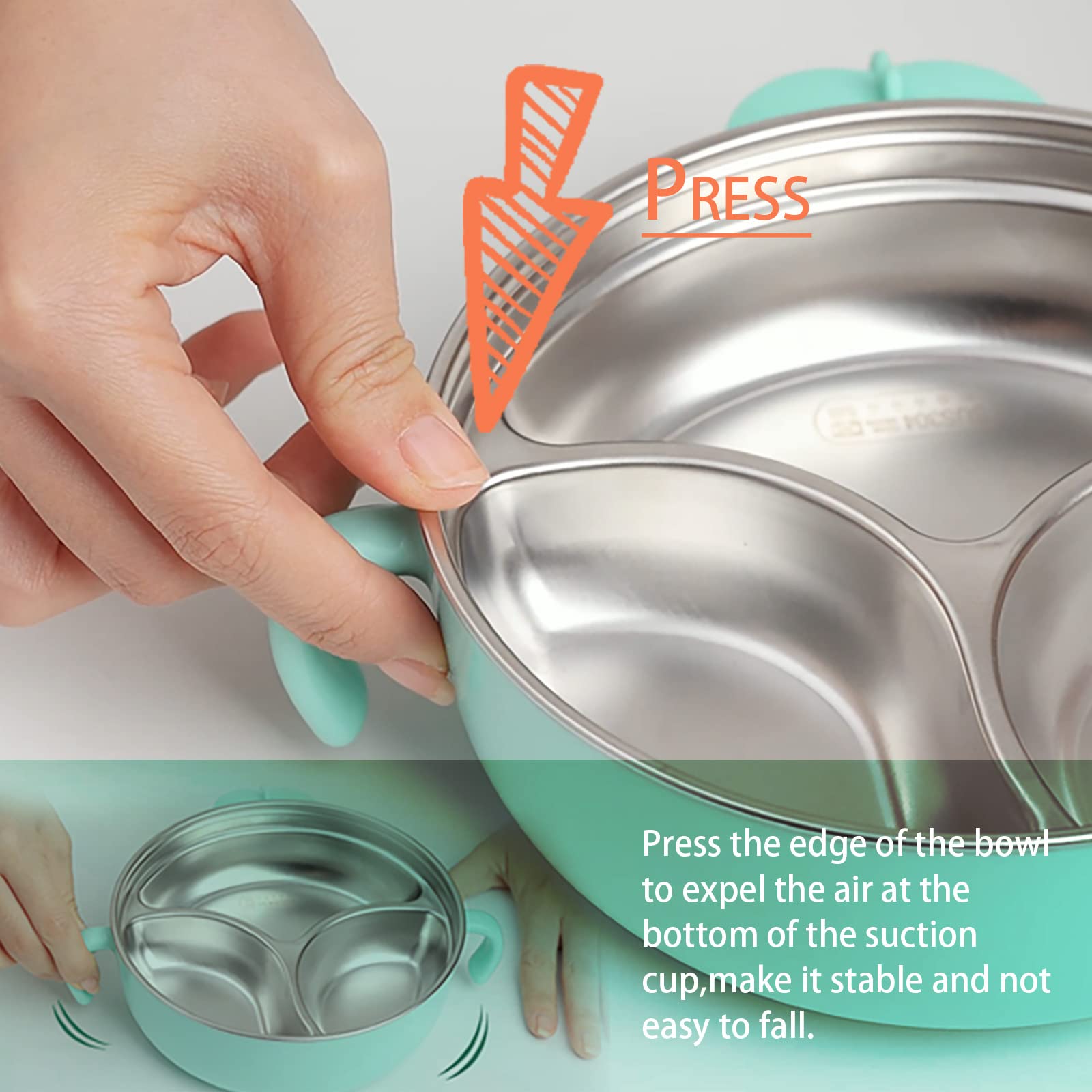 qianliyer Stainless Steel Kid Bowls Stainless Steel Suction Plates for Baby Divided Toddler Plates With Suction, Lid and Baby Bibs(Green)