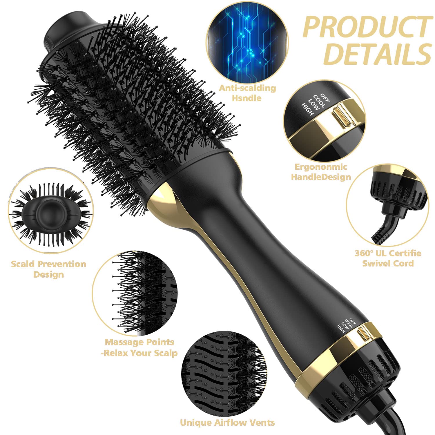 Dimecano Hair Dryer Brush, 4 in 1 One Step Hair Dryer and Styler Volumizer Professional Hot Air Brush with Negative Ion Anti-frizz Blowout for Drying, Straightening Curling - Black Gold