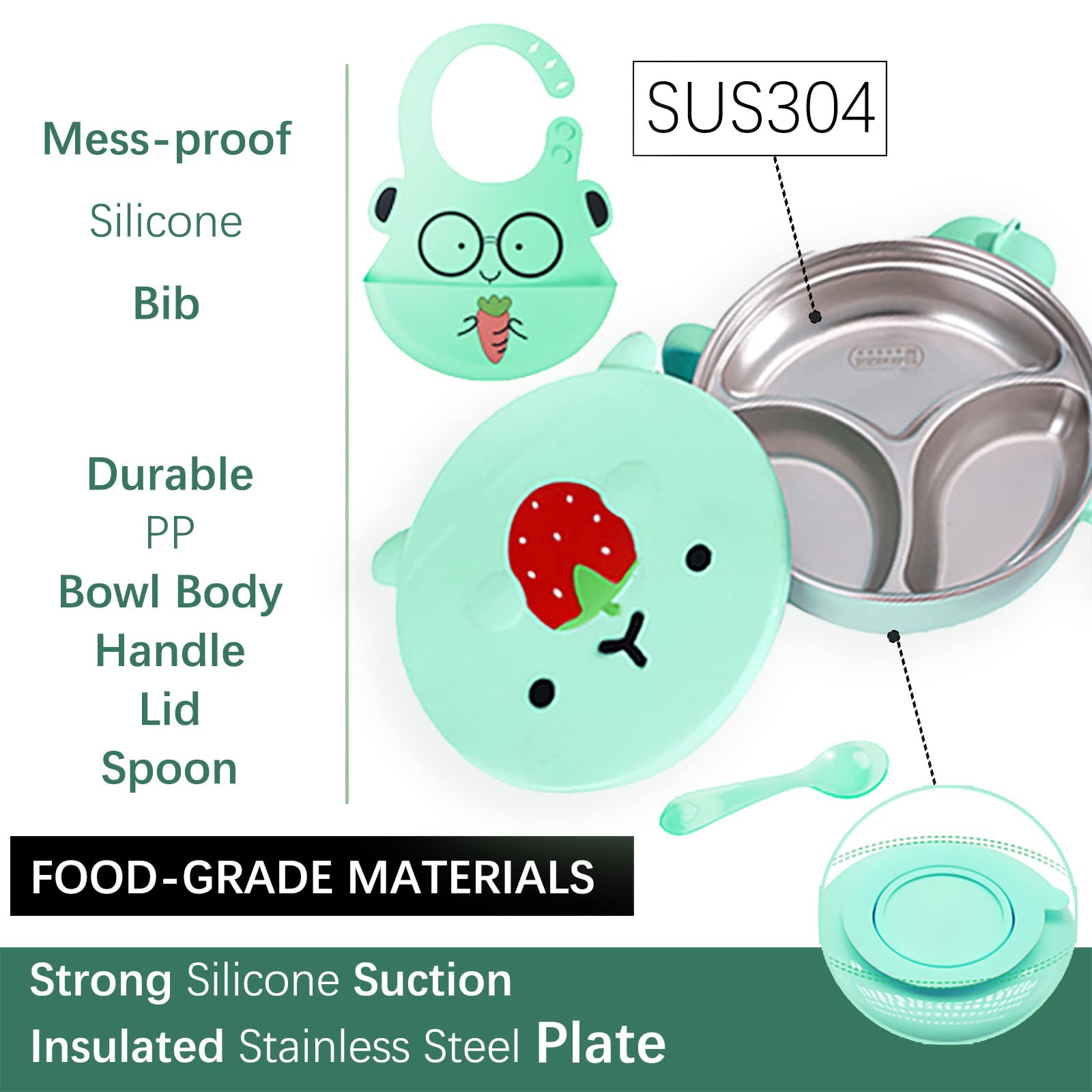 qianliyer Stainless Steel Kid Bowls Stainless Steel Suction Plates for Baby Divided Toddler Plates With Suction, Lid and Baby Bibs(Green)