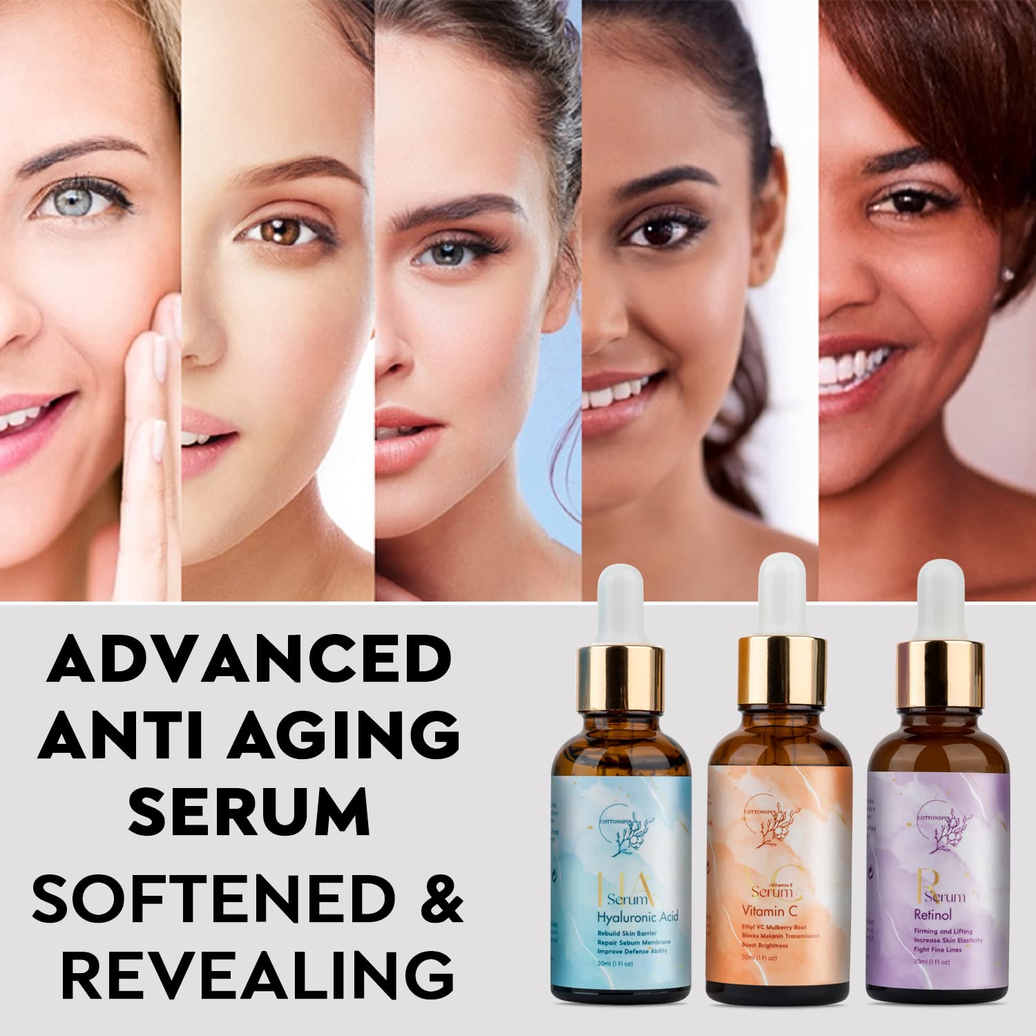 Anti-Aging Facial Serum Set. Vitamin C Serum, Retinol Serum & Hyaluronic Acid Serum for Brightening, Firming & Hydrating for Face. Anti-Wrinkle and Dark Circle Remover. 3x1 Fl Oz