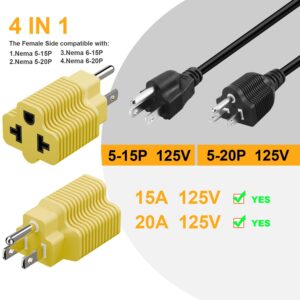 [4-in-1] 15 Amp Household AC Plug to 20 Amp T Blade Adapter,5-15P to 5-20R,5-15P to 6-15R,5-15P to 6-20R, 4 in 1 AC Power Adapter,15A 125V to 20A 250V Adapter (Yellow, 3)