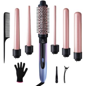 homfu curling iron set, 6 in 1 hair curling wand with curling brush and 5 interchangeable ceramic curling wand(0.35'-1.25') tourmaline hair curler, instant heat up curling iron for long hair women