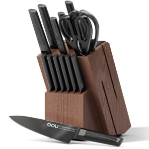 oou! kitchen knife set with block, 15 pieces high carbon stainless steel knife block set, professional chef knife set with built-in sharpener, ergonomic handle