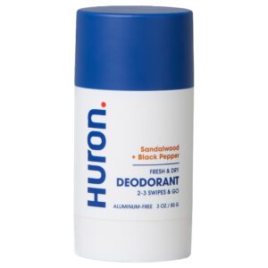 huron aluminum-free deodorant for men - clean & woody scent of sandalwood, black pepper, cedarwood, & amber - neutralizes odor for all-day protection - non-irritating - 3 oz