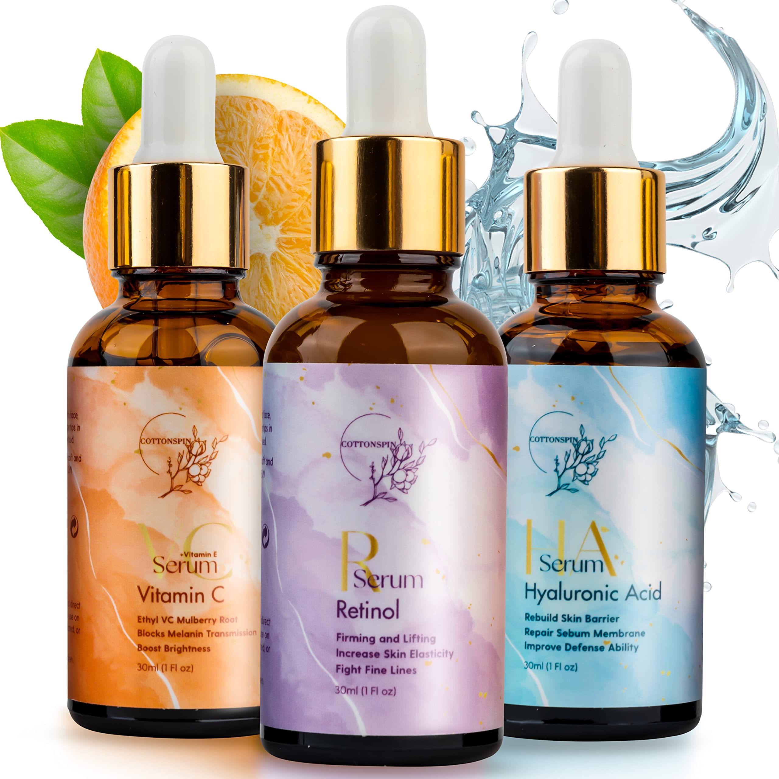 Anti-Aging Facial Serum Set. Vitamin C Serum, Retinol Serum & Hyaluronic Acid Serum for Brightening, Firming & Hydrating for Face. Anti-Wrinkle and Dark Circle Remover. 3x1 Fl Oz