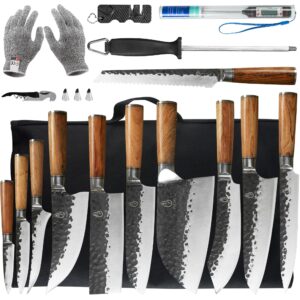 fullhi 17pcs butcher chef knife set include sheath high carbon steel cleaver kitchen knife whole tang vegetable cleaver home bbq camping with knife bag,meat thermometer