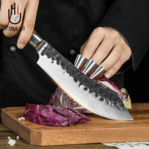 FULLHI 17pcs Butcher Chef Knife Set include sheath High Carbon Steel Cleaver Kitchen Knife Whole Tang Vegetable Cleaver Home BBQ Camping with Knife Bag,Meat Thermometer