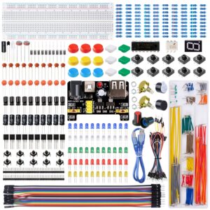 smraza electronics component fun kit for arduino with power supply module, jumper wire,precision potentiometer,830 tie-points breadboard compatible with stm32, for raspberry pi